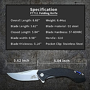 FreeTiger Foldable Pocket Knife(FT711) D2 Steel 3.62 Inch Fine Edge Blade -Best Camping Hunting Fishing Hiking Survival Military EDC Tactical Knives Men Gifts for Dad Backpacker