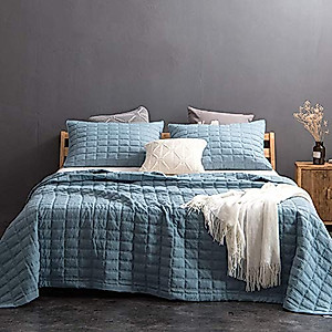 Kasentex Quilt-Bedding-Coverlet-Blanket-Set, Machine Washable, Ultra Soft, Lightweight, Stone-Washed, Detailed Stitching-Solid Color, Single/Twin + 2 Shams, Grey Blue