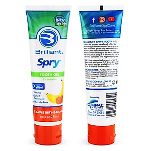 Brilliant Oral Care Kids Fluoride Free Toothpaste, Spry Gel with Xylitol, Strawberry Banana Flavor for Ages 3+ Months, 2 fl oz, 1 Pack