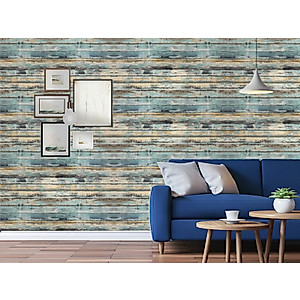 Dimcol Wood Contact Paper - 15.7"x236" Self-Adhesive and Removable Wood Wallpaper Peel and Stick - Blue Distressed Wood Grain Contact Paper for Cabinets - Waterproof Stick on Wall Paper