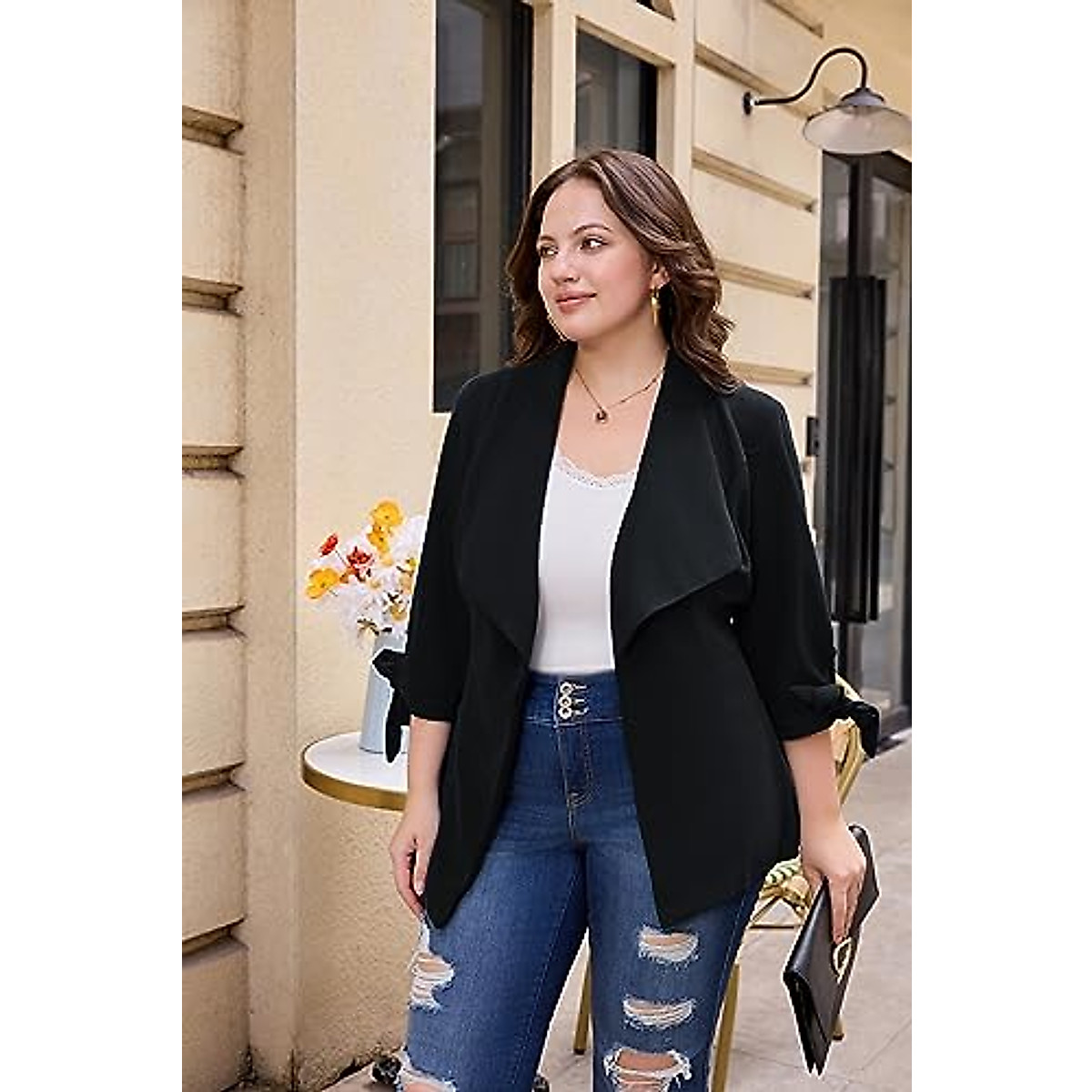 Plus Size 3/4 Sleeve Blazers for Women Business Casual Blazers for Work Lightweight Blazers Suit Jackets Black 20W