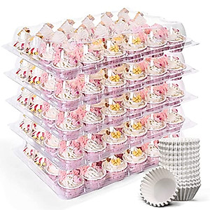 LotFancy Mini Cupcake Containers, 24 Count, 12 Pack Plastic Cupcake Holder with 288 Cupcake Liners, Clear Disposable Mini Cupcake Carriers with Detachable Dome Lid