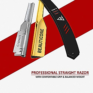 BEAUTICONE Straight Razor | Professional Barber Razor for men with 100 Single Edge Blades | Straight Edge Razor │slide-out design (Black and Gold Slide-out Razor)