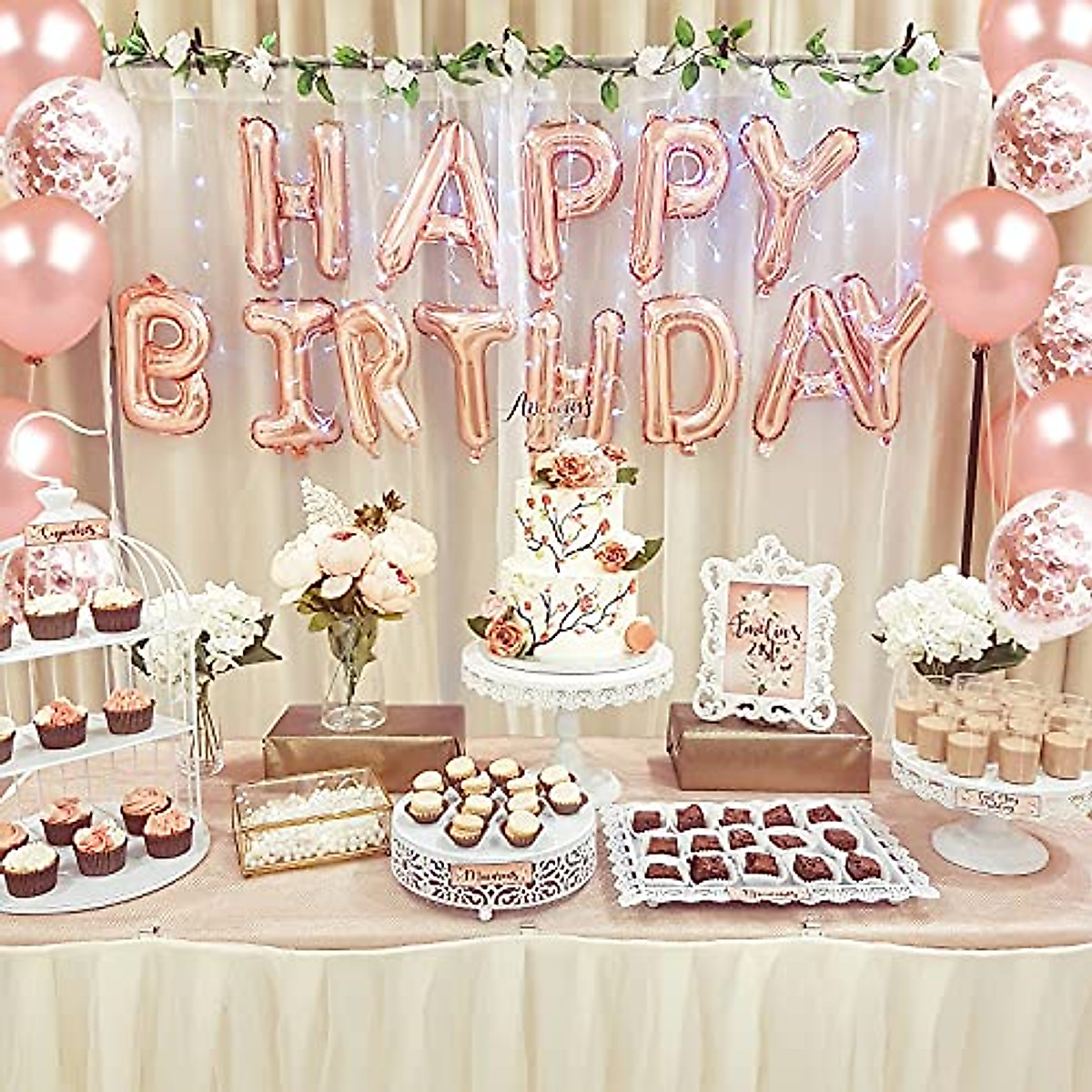 Rose Gold Birthday Party Decoration, 50PCS Rose Gold & Confetti Latex Balloons, Happy Birthday Balloons Banner with 2 Foil Fringe Curtains, Birthday Decorations for Women Girls