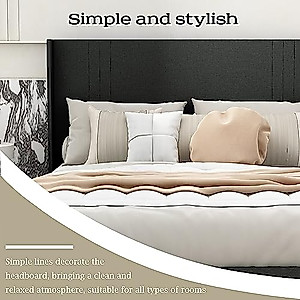 Tuconia Upholstered Platform King Size Bed Frame with Headboard Wooden Slats Support Easy Assembly No Box Spring Needed Black Linen