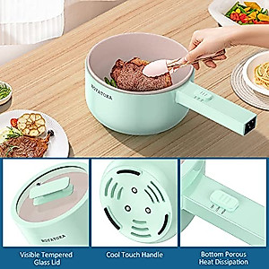 Hoyatoka Electric Hot Pot, 1.5L Portable Non-Stick Electric Cooker with Steamer, Multifunction Electric Pot for Stir Fry, Roast, Egg, Ramen Cooker with Dual Power Control for Dorm and Office, Green