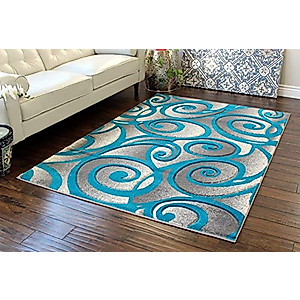 Masada Rugs, Grey White Turquoise Modern Woven Area Rug, Hand Carved (8 Feet X 10 Feet, Turquoise)