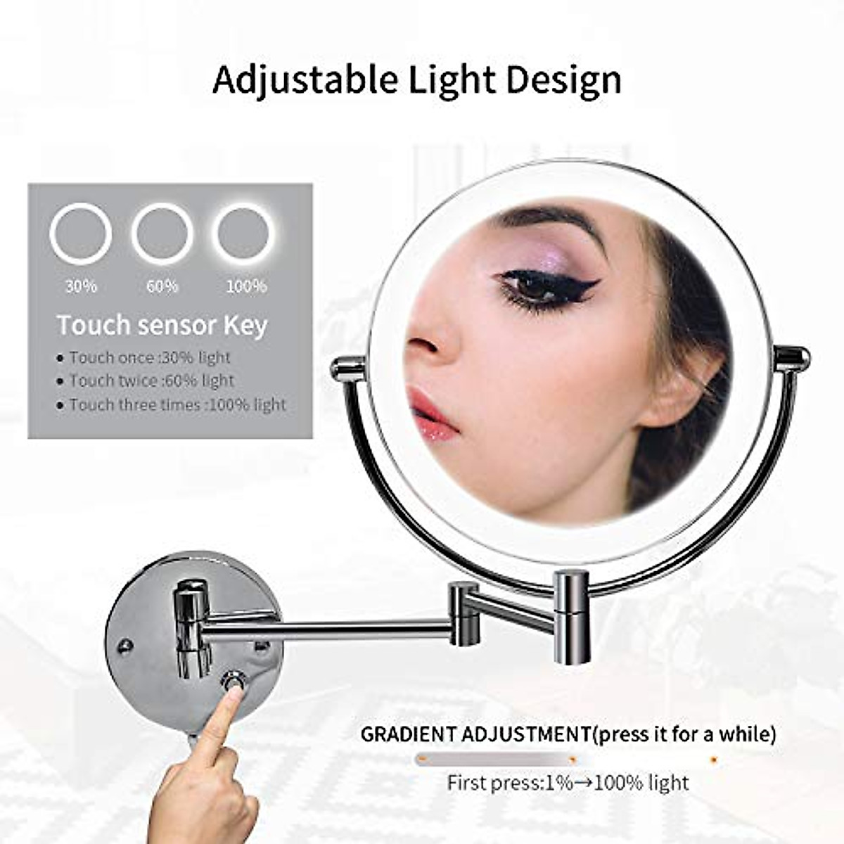 Jolitac 8.5 Inch LED Makeup Mirror Wall Mount, 10X/1X Magnification Chrome Personal Make Up Mirror Round Shaped, Double-Sided Swivel Vanity Mirror Touch Button Adjustable Light for Bathroom