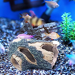 Aihotim Log Resin Hollow Tree Trunk Ornament, Fish Tank Decoration Wood House Aquarium Hideout Caves Decorations for Betta, Turtles, Small Lizards, Reptiles, Amphibians up to 20 Gallon Tank