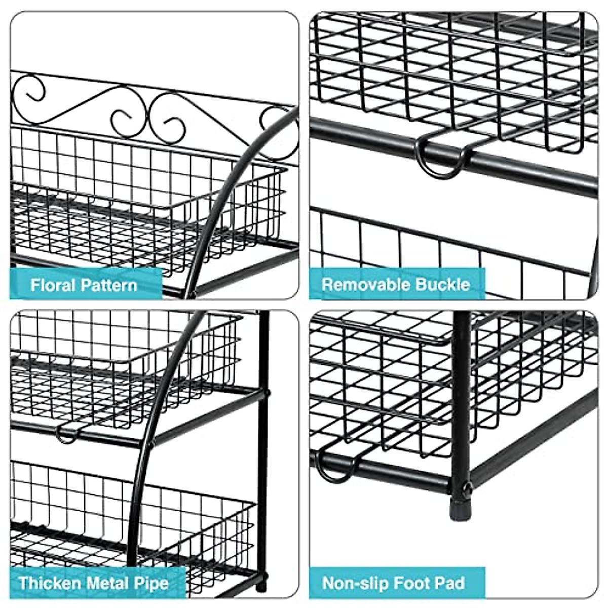 Fruit Basket for Kitchen, Fruit and Vegetable Storage Bowl Stand with Quality Metal Frame, Detachable, Large Capacity, 2 Tier Wire Produce Basket Fruit Holder for Kitchen Countertop Dining Table