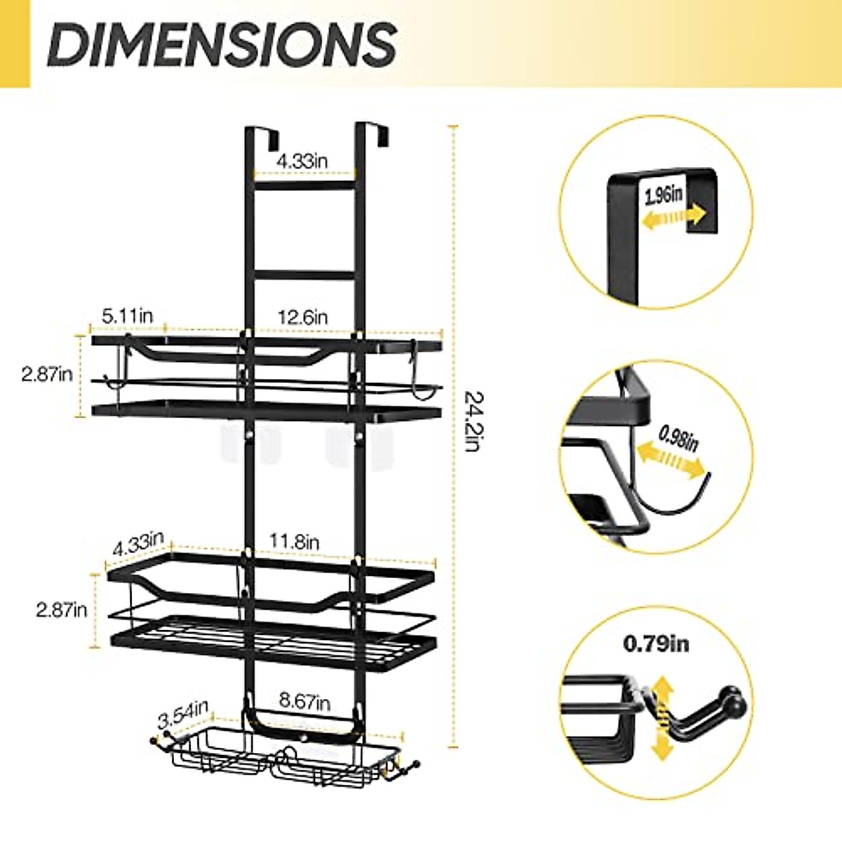 Over the Door Shower Caddy, Hanging Shower Organizer for Bathroom, Shower Storage Rack Shelf with Hooks & Screw Adhesives & Soap Holder, 3 Tier Bathroom Shower Basket, Rustproof No Drilling - Black