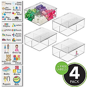 mDesign Plastic Stackable Toy Storage Bin with Hinged Lid, 4 Divided Compartments for Organizing Playroom, Kids' Room - Container for Small Toys, Craft and School Supplies + 24 Labels - 4 Pack - Clear