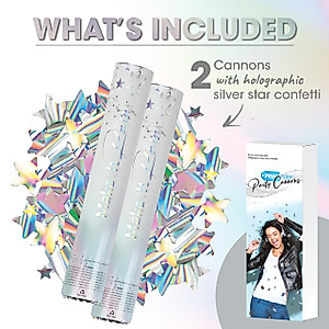 2 Pack Silver Stars Confetti Cannon Confetti Poppers | New Years Eve Party Supplies 2025 Party Poppers | Confetti Shooter for Decoration, Celebration, Birthday, Prank | Blaster Gun Glitters Tube Large