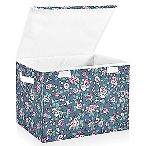 Cute Trendy Floral Flower Foldable Storage Bins with Lids Decorative Storage Box Container for Home Bedroom Office