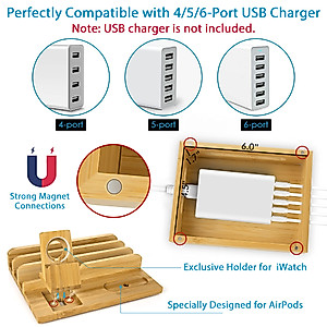 Bamboo Charging Station Dock for 4/5 / 6 Ports USB Charger with 5 Charging Cables Included, Desktop Docking Station Organizer for Cellphone,Smart Watch,Tablet(No Power Supply)