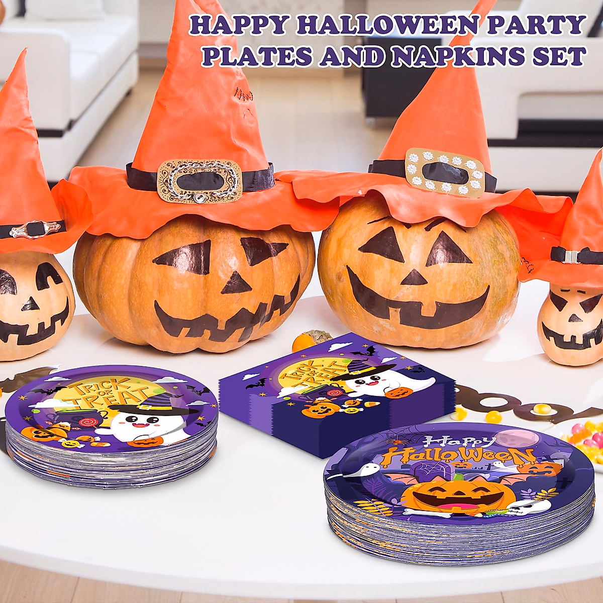 150 Pcs Halloween Plates and Napkins Sets - Cute Happy Halloween Party Supplies Tableware, Halloween Disposable Paper Plates Napkins Set for Halloween Birthday Party Decorations Favors, Serve 50