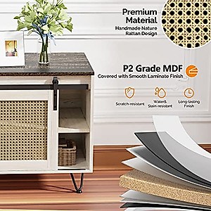VINGLI Rattan TV Stand for TV's up to 75 Inch Farmhouse Boho Entertainment Center with Sliding Barn Door for Living Room, White, 70(W) x15.8(D) x23.6(H)