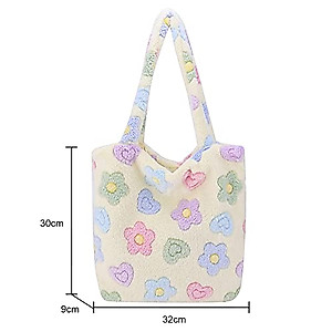 JQWSVE Plush Shoulder Bag Y2K Fluffy Underarm Bag Women Fluffy Tote Bag Flower Plush Bag Autumn Winter Fuzzy Faux Fur Handbag