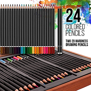 U.S. Art Supply 103-Piece Deluxe Art Creativity Set in Wooden Case with Wood Desk Easel - Artist Painting Pad, 2 Sketch Pads, 24 Watercolor Paint Colors, 17 Brushes, 24 Colored Pencils, Drawing Kit
