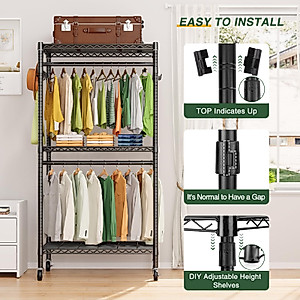 LEHOM G1M Heavy Duty Clothes Rack, 3 Tiers Rolling Garment Rack for Hanging Clothes, Adjustable Wire Clothing Rack with Storage Shelves, Lockable Wheels Freestanding Closet Wardrobe for Bedroom