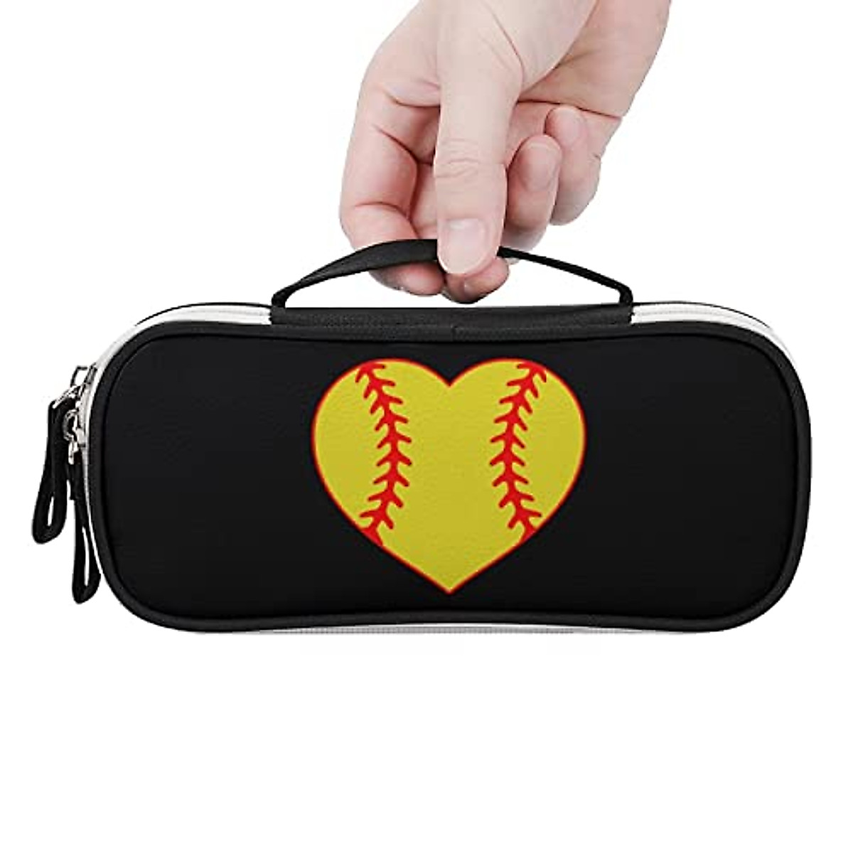 Love Baseball Heart Printed Pencil Case Bag Stationery Pouch with Handle Portable Makeup Bag Desk Organizer