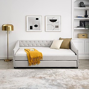 Antetek Daybed with Trundle, Modern Linen Upholstered Full Size Day Bed Button-Tufted Sofa Daybed Frame and A Trundle, No Box Spring Needed, Furniture for Bedroom Living Room Guest Room (Beige, Full)