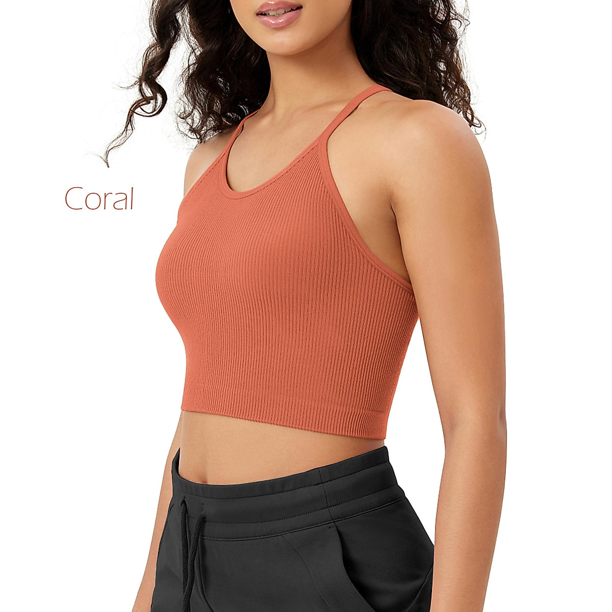 ODODOS Women's Crop Camisole 3-Pack Washed Seamless Rib-Knit Crop Tank Tops, Beige Coral Teal, Medium/Large