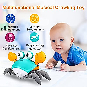 Plnmlls Crawling Crab Baby Toy，Tummy Time Baby Toys with Music and LED Light Will Automatically Avoid Obstacles, Build in Rechargeable Battery for Toddler Interactive Development Toy