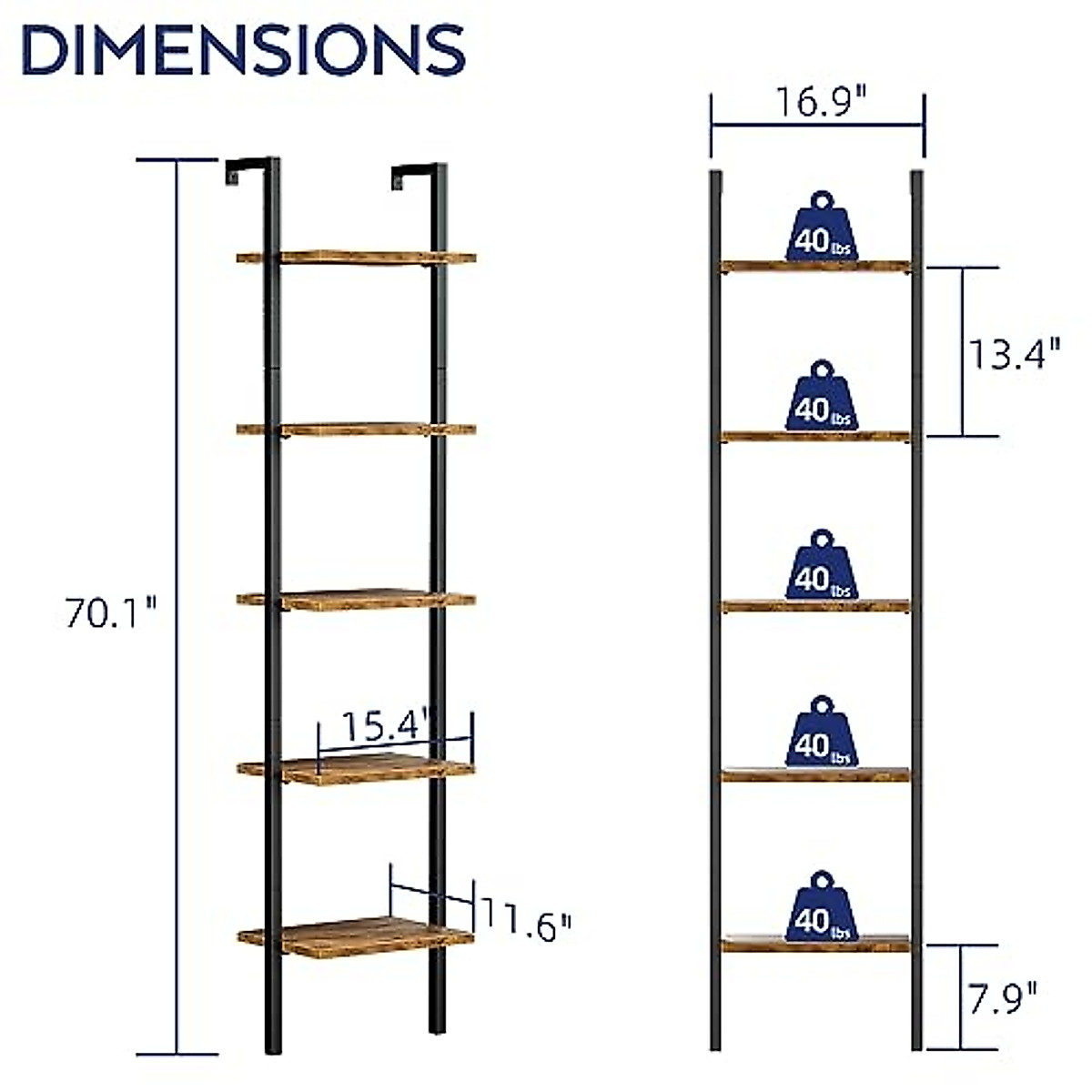 NUMENN Industrial Ladder Shelf, 5 Tier Book Shelf, Open Space Wall Mount Bookshelf with Metal Frame, Sturdy Book Shelves, Bookcase for Living Room, Home Office Shelf, Vintage Brown