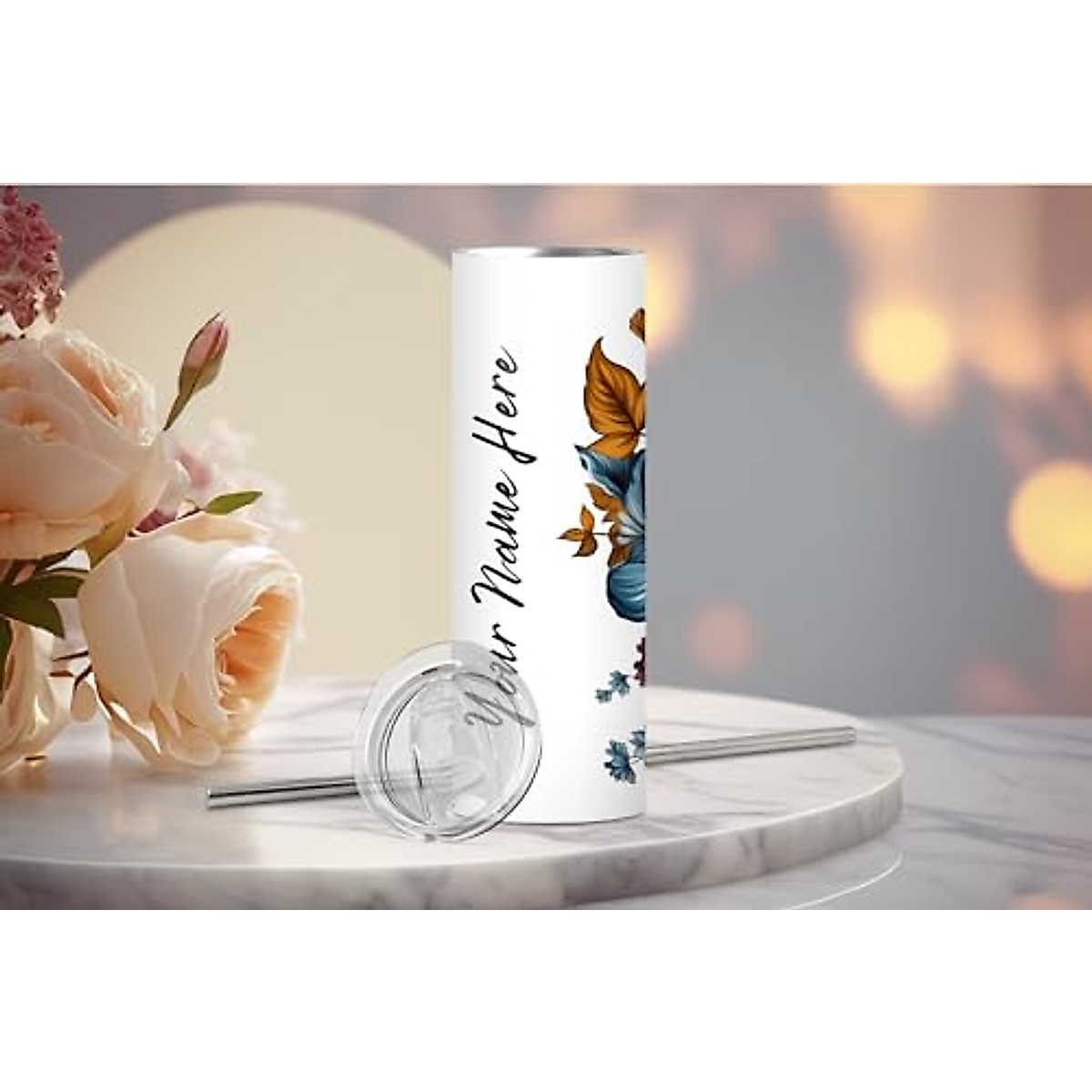 Personalized Flowered Skinny Tumbler 20Oz, Stainless Steel with lid, Straw, Brush and Non-Slip Base. Keep Drinks Hot or Cold. Use like Water Bottle, Coffee Mug, Travel Mug, Wine Cup. (Blue and Red)