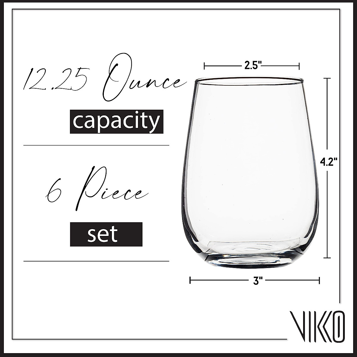 Vikko 12.25 Ounce Stemless Wine Glasses | – Dishwasher Safe – For Parties, Weddings, and Everyday – Great Gift Idea – Set of Six Stemless Wine Glass Tumblers
