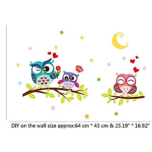 BIBITIME Night Moon Star Sky Wall Sticker Love Family Owls on The Tree Branch Wall Decal for Nursery Bedroom Kids Room Decor,25.19" x 16.92"