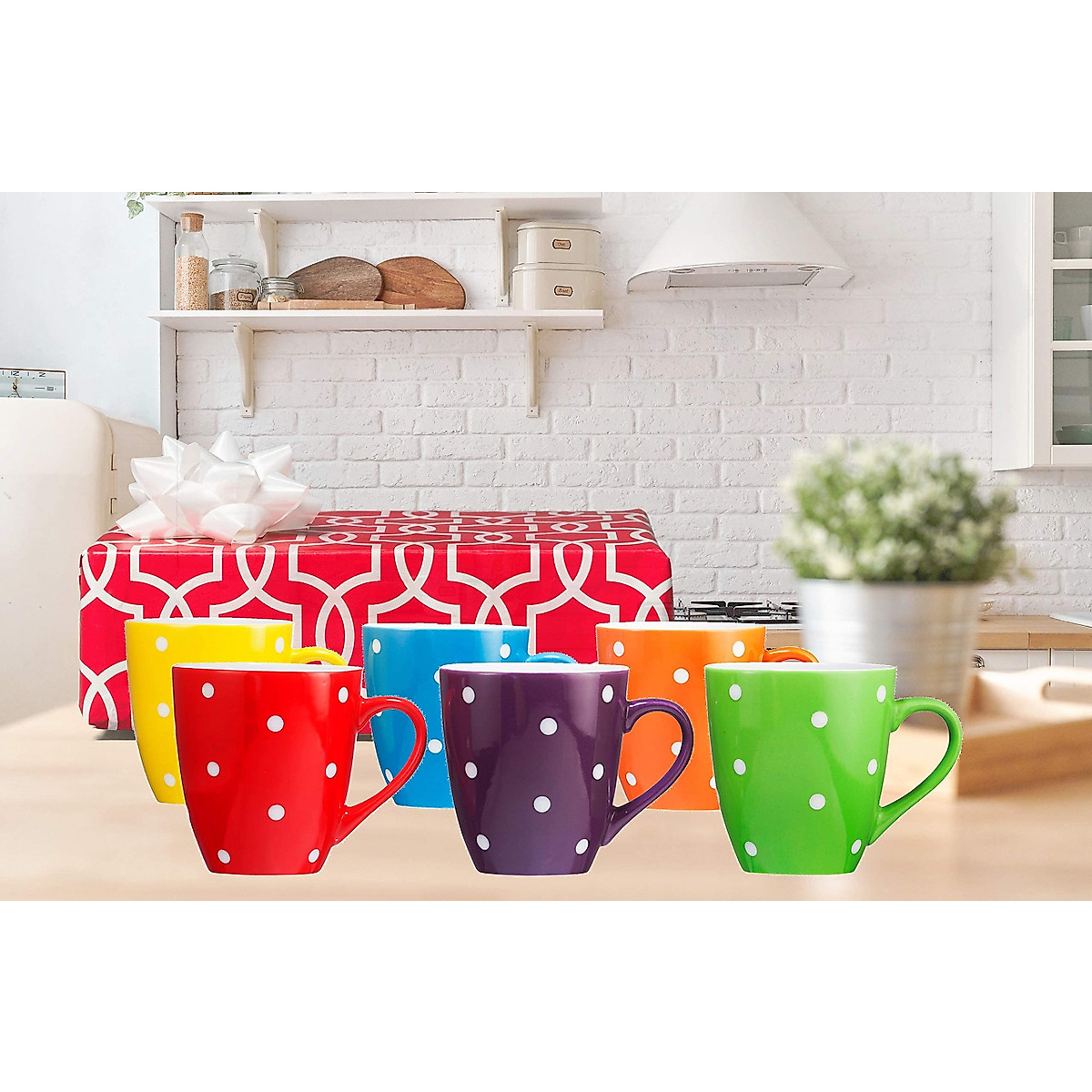 Bruntmor 16 Oz Polka Dot Coffee Mug Set of 6, Large 16 Ounce Ceramic Mugcup Set In Multi Color Dot Design, Best Coffee Mug For Your Christmas Or Birthday Gift