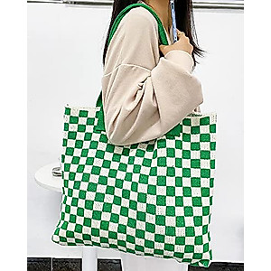 Stizimn Crochet Tote Bag for Women Shoulder Bag Handbags Knitting Hobo Bag Aesthetic Handmade Weaving Large Capacity (Checkerboard Pattern Green)