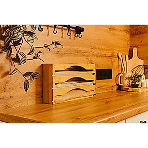 Foil Organizer for Drawer 15"- Long Bamboo Foil and Plastic Wrap Organizer, 3.8" tall 3 in 1 Wrap Dispenser with Cutter for Plastic Wrap, Tin Foil, Wax Paper up to 250 FT, Parchment Paper Up to 200 FT