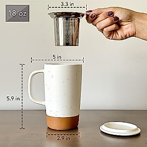 Mora Ceramics Large Tea Mug with Loose Leaf Infuser and Ceramic Lid, 18 oz, Portable, Microwave and Dishwasher Safe, Tall Coffee Cup - Rustic Matte Ceramic Glaze, Modern Herbal Tea Strainer, Cotton