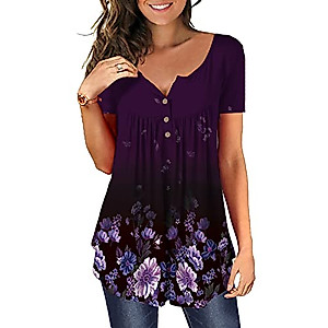 MAYAMANG Women's Floral Tunic Tops Casual Blouse V Neck Short Sleeve Buttons Up T-Shirts (Purple, L)