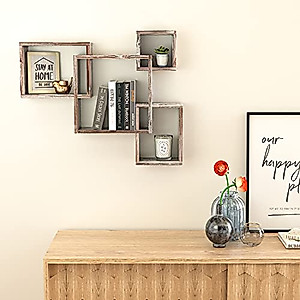 J JACKCUBE DESIGN Rustic Wood Shelves -Floating Intersecting Wall Shelves with 4 Cubes, Wall-Mounted Square, Antique Style Shadowbox, Decorative Collection Display Organizer. MK512A