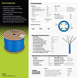 trueCABLE Cat6A Riser (CMR), 1000ft, Blue, 23AWG 4 Pair Solid Bare Copper, 750MHz, PoE++ (4PPoE), ETL Listed, Unshielded Twisted Pair (UTP), Bulk Ethernet Cable