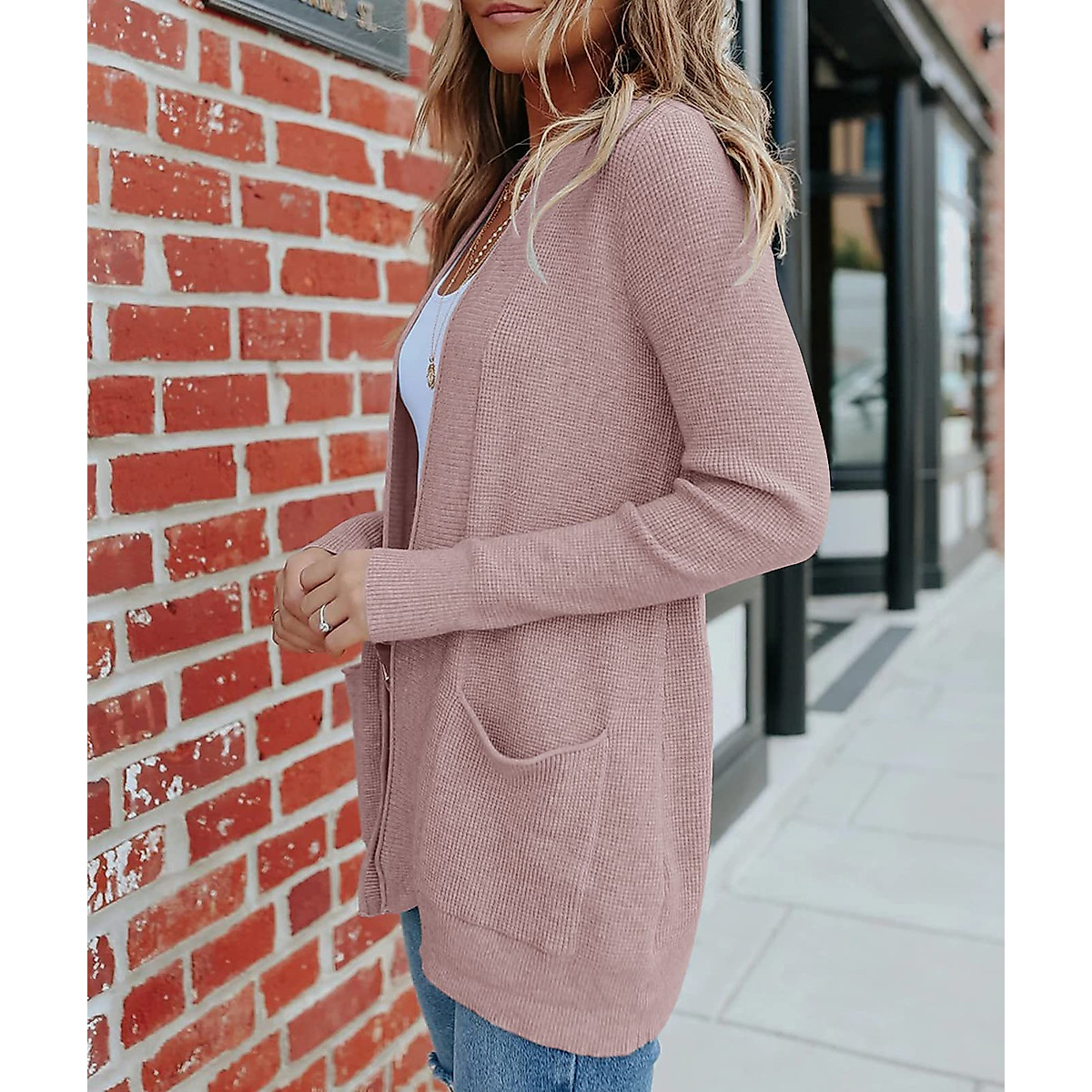 MEROKEETY Women's 2025 Fall Open Front Waffle Knit Cardigan Long Sleeve Cozy Knit Sweaters with Pockets, Dustypink, Medium