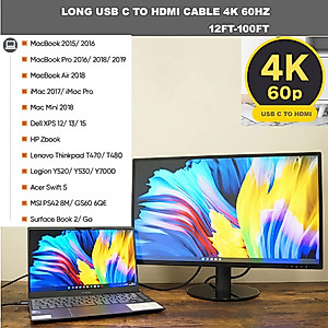 USB C to HDMI Cable 30FT/10M with IC, 4K@60HZ Type-C to HDMI for MacBook Pro/Air, iMac, Galaxy S20 S10 S9 S8, Surface, Dell, HP, MacBook Pro, MacBook Air, iPad Pro, Pixelbook, XPS, Galaxy