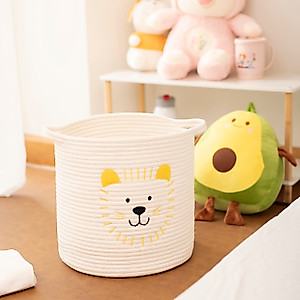 NADEnVIE Animal Laundry Basket For Nursery, Foldable Toy Storage Basket Tiger Design, Natural Handmade Basket With Handle For Home Decor, Nontoxic Cotton Rope Woven Safe for Children and Pet (White)