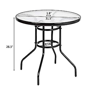 VINGLI Patio Table with Umbrella Hole, 32" Round Outdoor Dining Table Steel Tempered Glass Patio Table Outdoor Table for Balcony Garden Deck