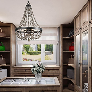 LALUZ Farmhouse Chandelier, Boho Light Fixture for Dining Room, Bedroom, Handmade Wood Beads, 6-Light, 28.3" H x 20.1" W