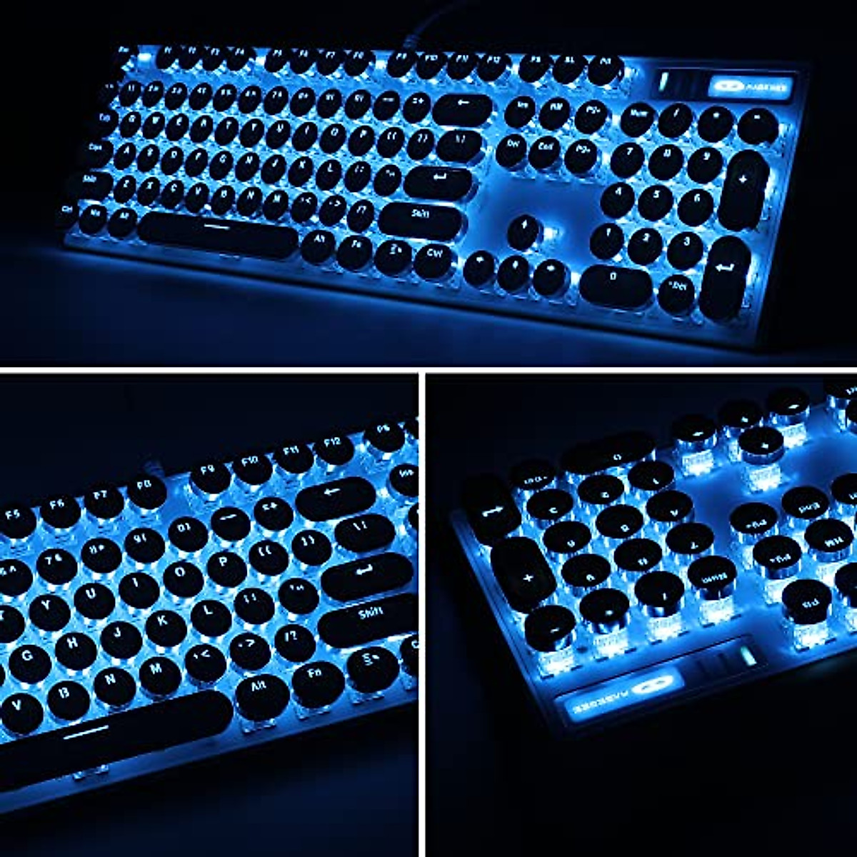 Camiysn Typewriter Style Mechanical Gaming Keyboard, White Retro Punk Gaming Keyboard with Blue Backlit, 104 Keys Blue Switch Wired Cute Keyboard, Round Keycaps for Windows/Mac/PC
