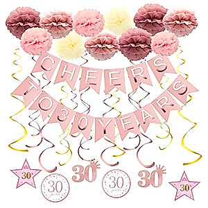 30th Pink Rose Gold Birthday Decorations,Rose gold Glittery Cheers to 30 Years Banner,Poms,Sparkling Hanging Swirls Kit for women Birthday Party Supplies