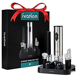 Ivation 9-Piece Wine Opener Gift Set | Deluxe Bar Kit with Electric Battery-Operated Bottle Opener, Air Pump Cork Extractor, Aerator Pourer, Wine Stoppers, Champagne Stoppers, Foil Cutter & Stand