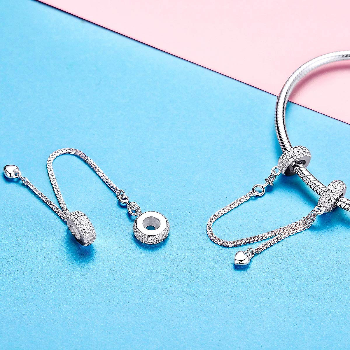 ARTCHARM Heart Safety Chain Charm 925 Sterling Silver Beads fit European Charms Bracelet & Necklace (Love Safety chain)