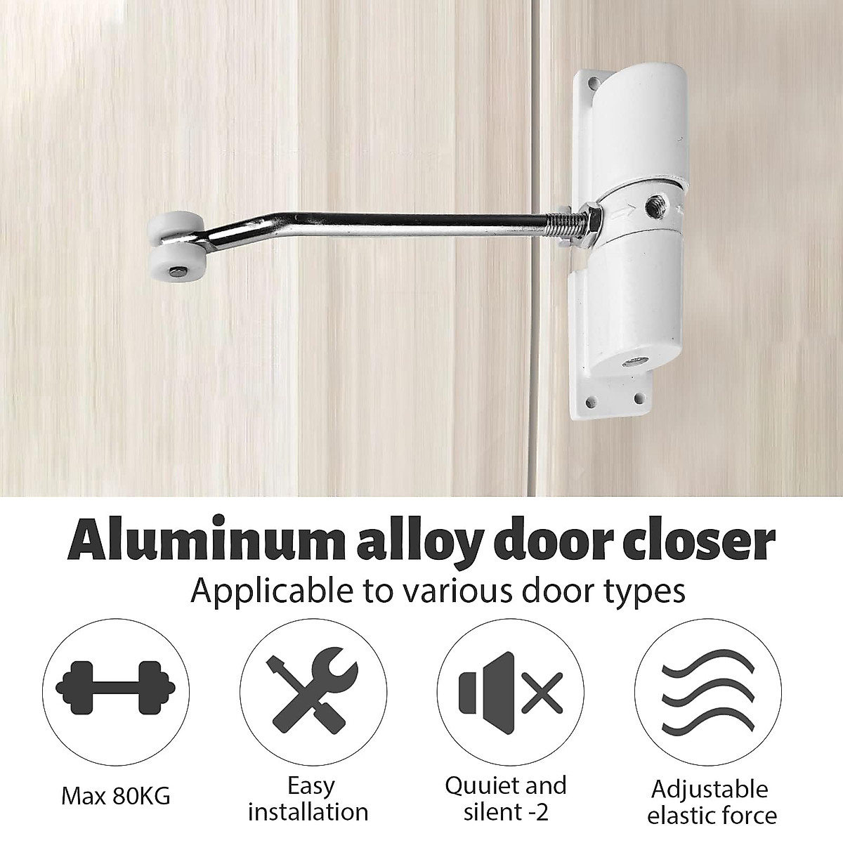 Automatic Door Closer, Zinc Alloy Safety Spring Door Closer Adjustable 30 kg Closing Door Hinge (White)
