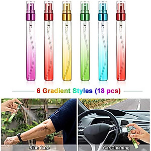 18 Pieces Mini Perfume Spray Bottles 10 ml Colorful Glass Fine Mist Sprayer Empty Spray Bottles Refillable Container Perfume Atomizer for Cleaning, Essential Oil, Liquid, 6 Gradient Colors